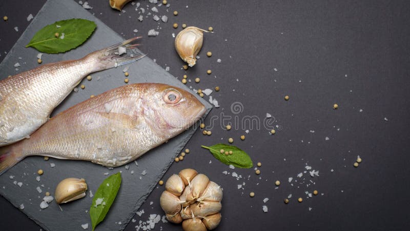Fresh Sea Fish Flat Lay Copy Space on Black Stock Image - Image of ...