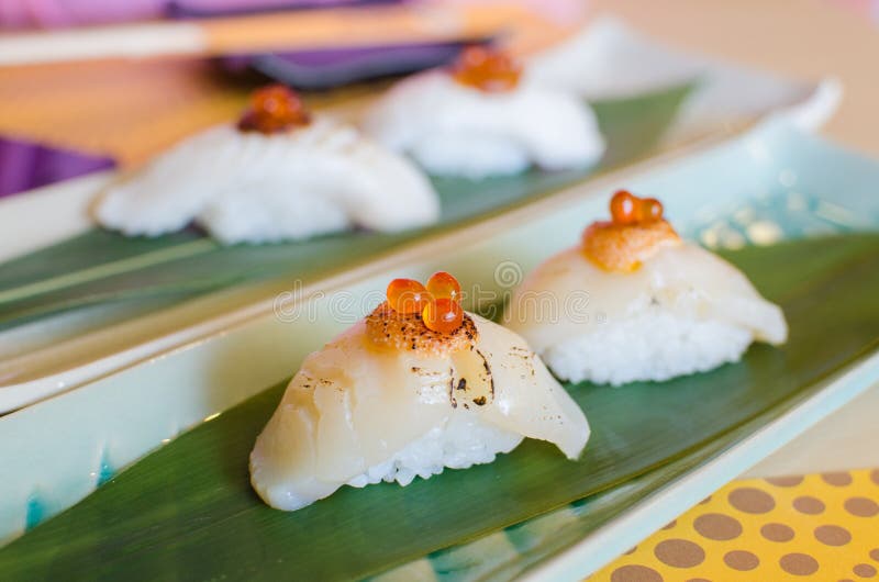 Fresh sea scallops sushi stock photo. Image of dish, tuna - 46322482