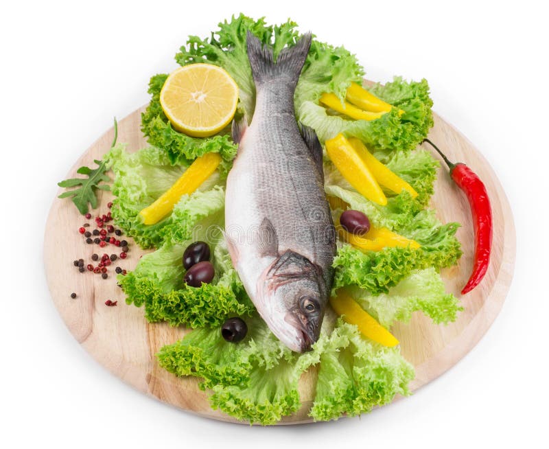 Fresh Seabass Fish on Lettuce. Stock Image - Image of background ...
