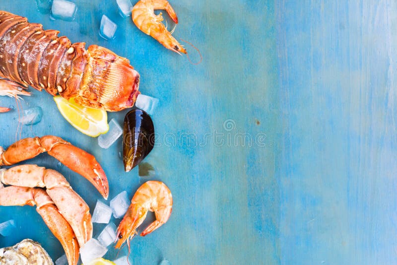 Fresh Seafood on Blue Background Stock Image - Image of industry, clams ...