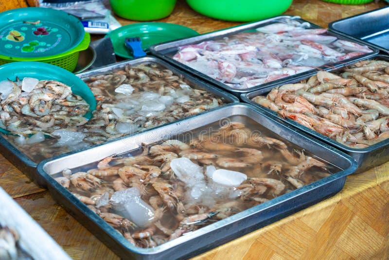 Fresh Seafood on the Counter at the Fish Market by the Ocean Stock ...