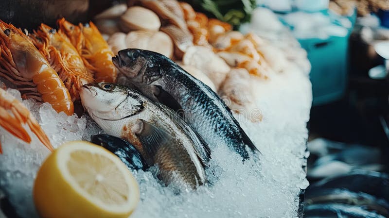 A Fresh Seafood Counter with Fish Shellfish and Ice Neatly Arranged ...