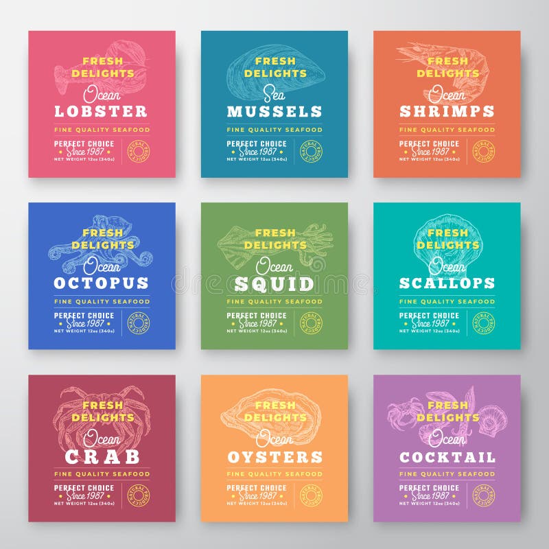 Fresh Seafood Delights Premium Quality Labels Bundle. Abstract Vector ...