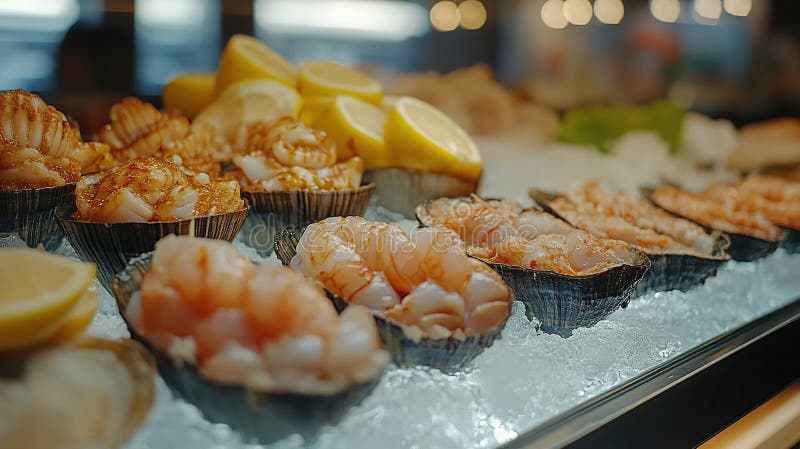 Fresh Seafood Display. Assorted Shellfish, Scallops, and Prawns on Ice ...