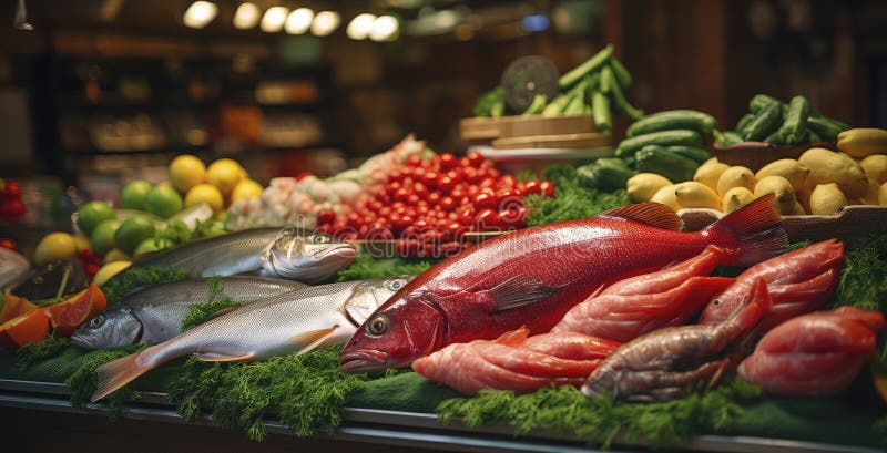 Fresh Seafood Display: Fish and Shrimps with Vibrant Vegetables on Ice ...