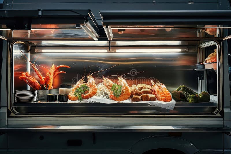Fresh Seafood Display in a Food Truck Stock Illustration - Illustration ...