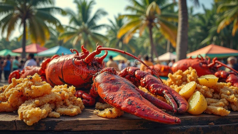 Fresh Seafood Display with Lobster and Crab at Tropical Beach Market ...
