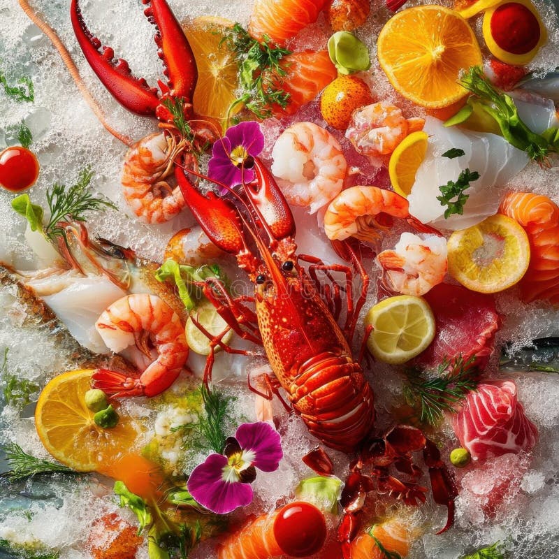 Fresh Seafood Display with Lobster, Shrimp, and Fish Stock Illustration ...