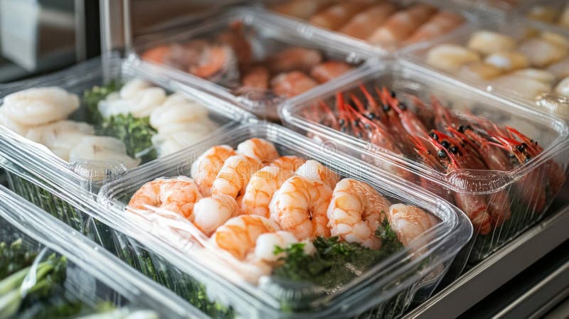 Fresh Seafood Displayed in Clear Plastic Containers Stock Illustration ...