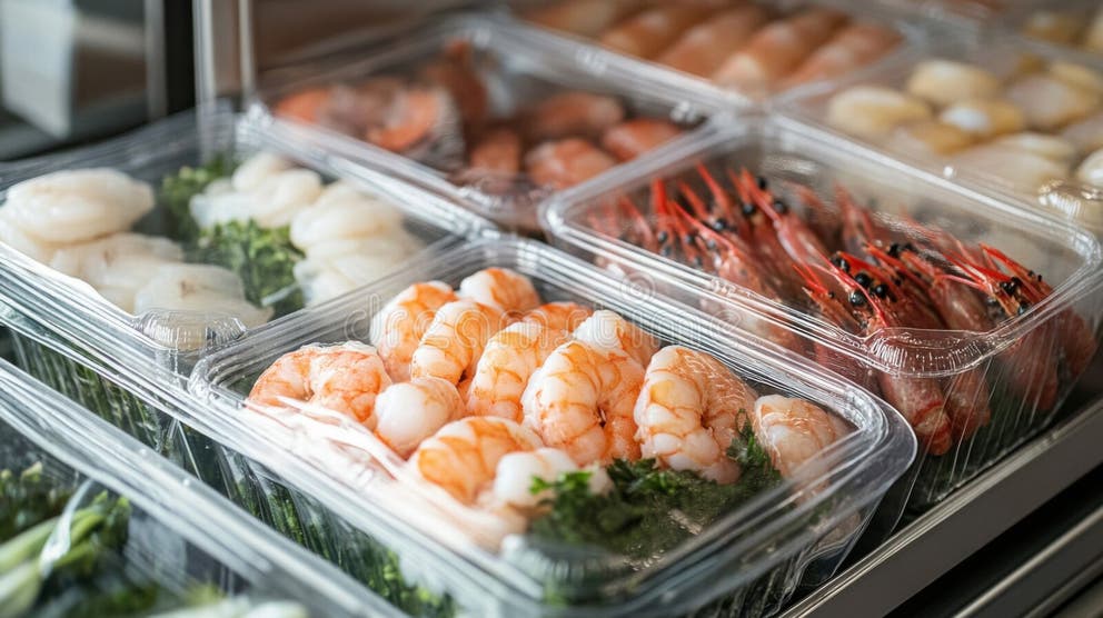 Fresh Seafood Displayed in Clear Plastic Containers Stock Illustration ...