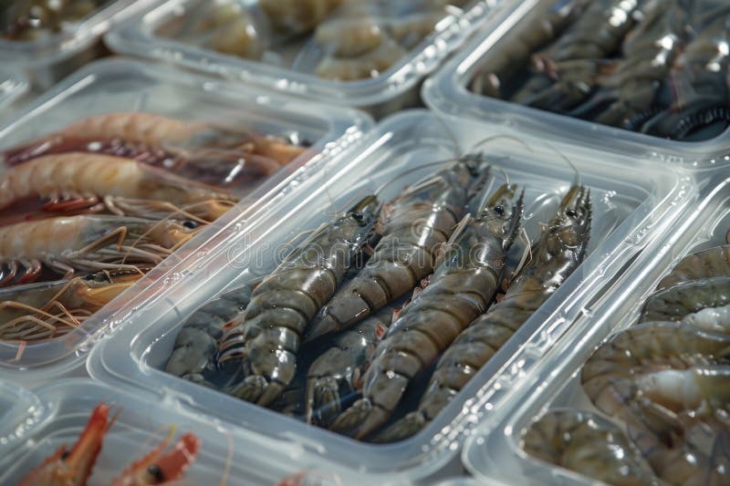 Fresh Seafood Displayed on a Table in Plastic Containers, Ideal for ...