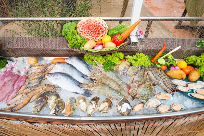 Fresh Seafood on Ice for Cooking in Restaurant Stock Photo - Image of ...