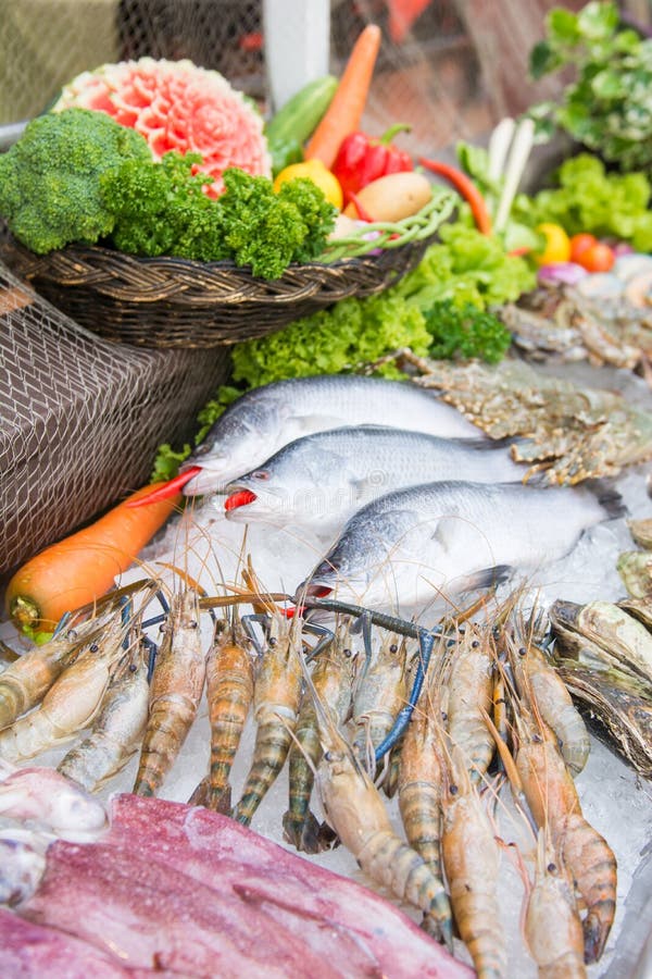 Fresh Seafood on Ice for Cooking in Restaurant Stock Photo - Image of ...