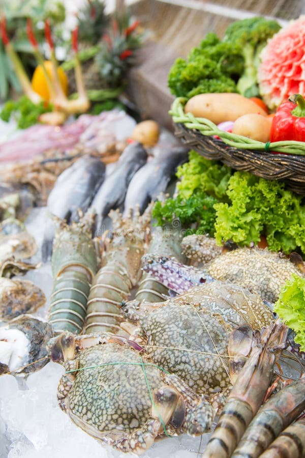 Fresh Seafood on Ice for Cooking in Restaurant Stock Photo - Image of ...