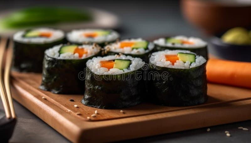 Fresh Seafood Maki Sushi Plate with Avocado and Vegetable Roll Up ...
