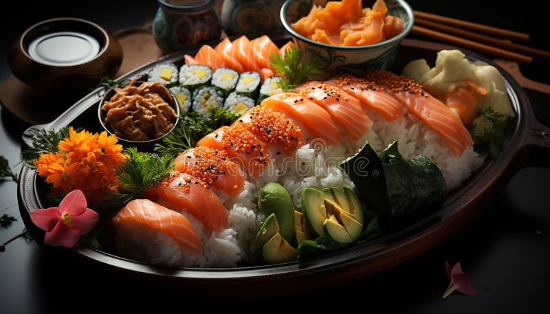 Fresh Seafood Meal Sushi, Sashimi, Rice, Fish, Avocado, Ginger ...