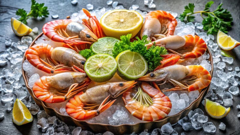 Fresh Seafood Platter Succulent Shrimp on Ice with Citrus and Herbs ...