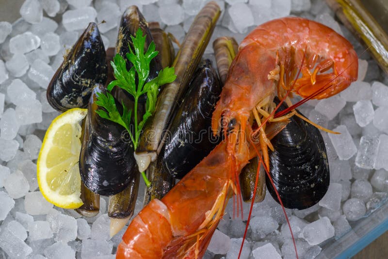 Fresh Seafood Prepared for Cooking with Lemon Stock Image - Image of ...