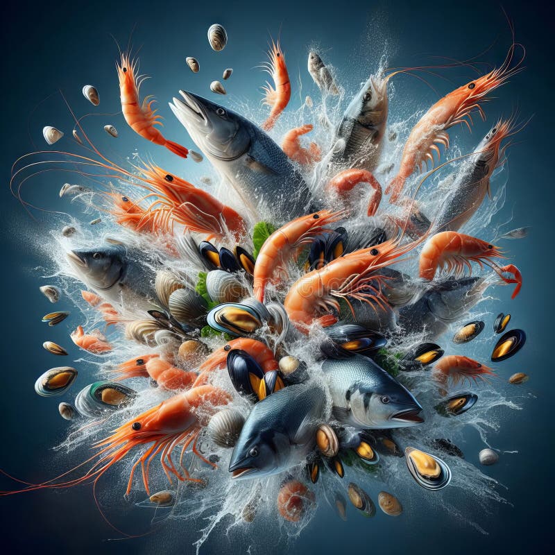 Fresh Seafood Splash with Shrimp, Mussels, and Fish Stock Photo - Image ...