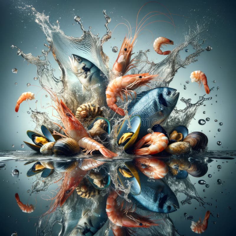 Fresh Seafood Splash with Shrimp, Mussels, and Fish Stock Image - Image ...