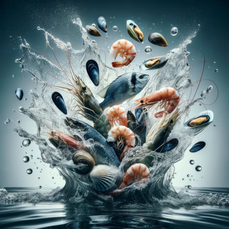 Fresh Seafood Splash with Shrimp, Mussels, and Fish Stock Illustration ...