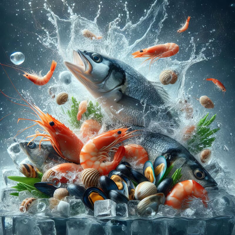 Fresh Seafood Splash with Shrimp, Mussels, and Fish Stock Illustration ...