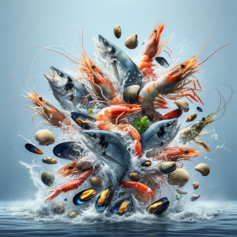 Fresh Seafood Splash with Shrimp, Mussels, and Fish Stock Illustration ...