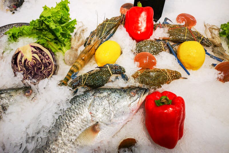 Fresh Seafood Stall with Fish, Crab and Shrimp in the Shop Stock Photo ...