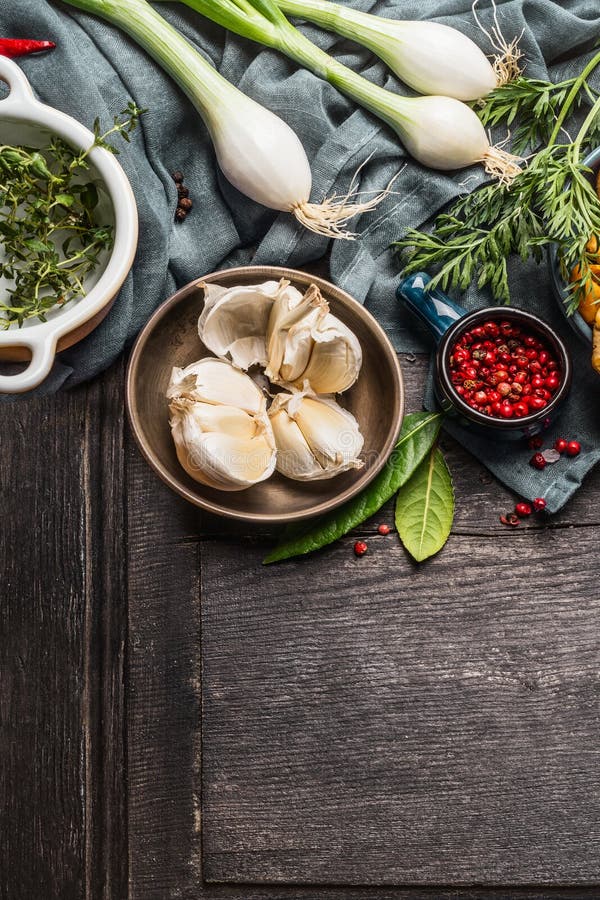 Fresh Seasoning Ingredients on Rustic Wooden Background, Top View Stock ...