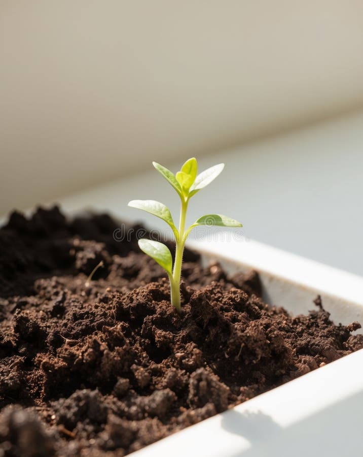 Fresh Seedling Growing in Rich Soil Under Natural Light. Stock Image ...