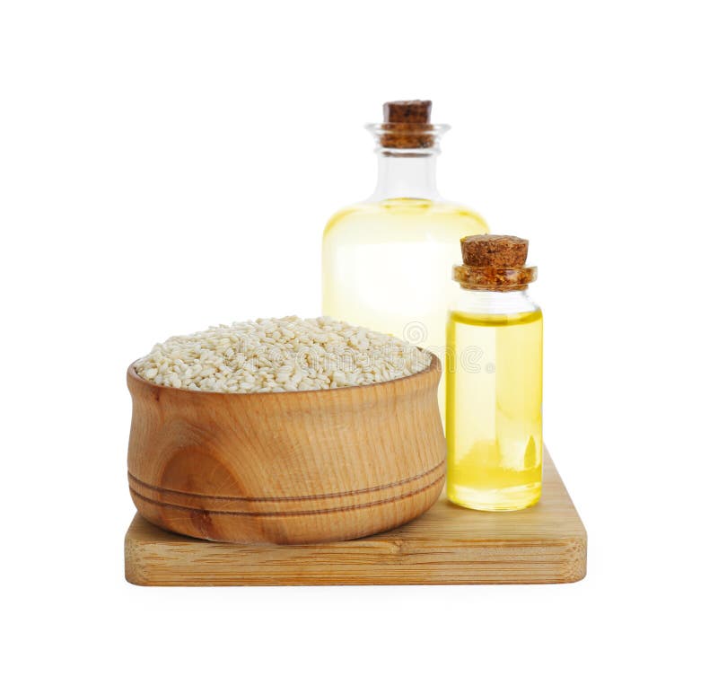 Fresh Sesame Oil and Seeds Isolated on White Stock Photo - Image of ...