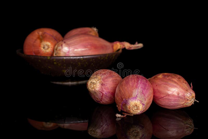 Fresh Shallot on Black Glass Stock Image - Image of fruit, herb: 230596907
