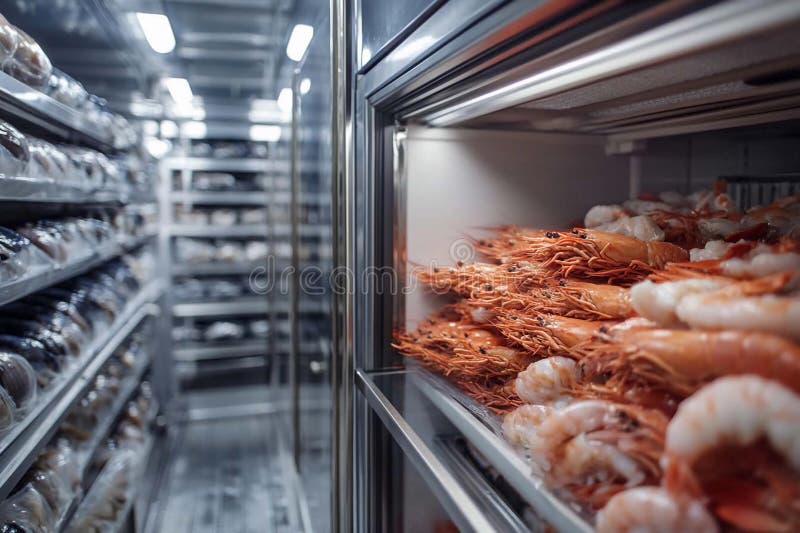 Fresh Shrimp Displayed in a Modern Seafood Storage Facility during ...