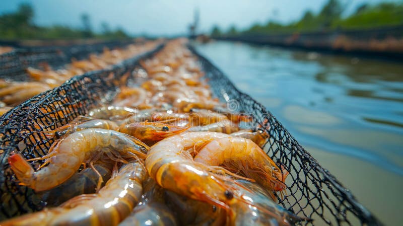 Fresh Shrimp Lying in a Black Net, Which is in the Water. Shrimp Farm ...