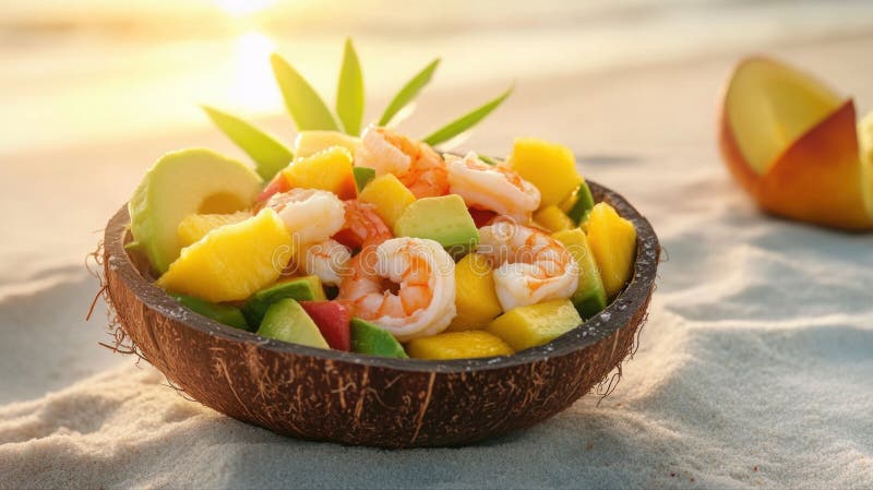 Vibrant Seafood Salad with Shrimp and Mango Served on a Sandy Beach ...