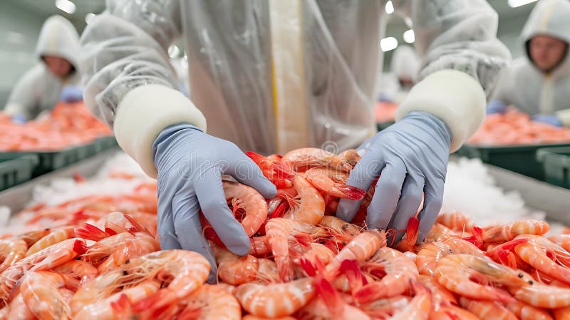 Fresh Shrimp Processing: Gloved Hands Sorting and Inspecting Pink ...