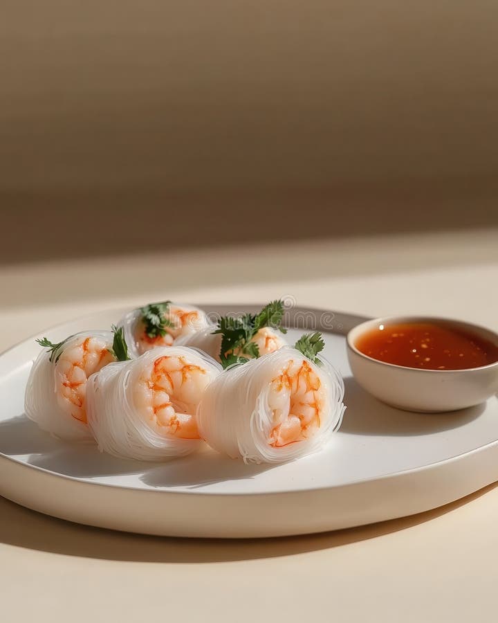 Fresh Shrimp Rice Rolls Served with Dipping Sauce on a Plate Stock ...