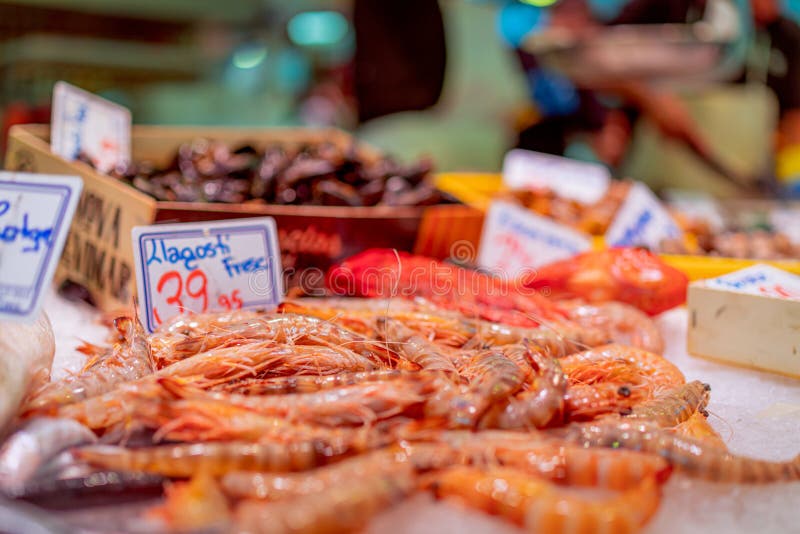 Fresh Shrimps on the Spanish Fish Market. Selective Focus. Bokeh Stock ...