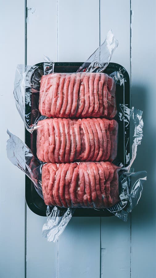 Fresh, Simple, Raw Minced Meat Tightly Packed in Plastic Wrap in a ...
