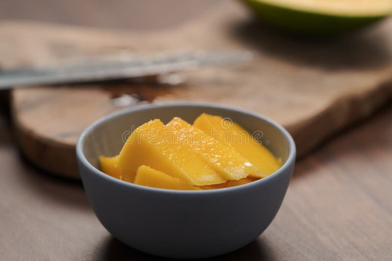 Fresh Sliced Mango in a Ceramic Bowl on Walnut Table Stock Image ...
