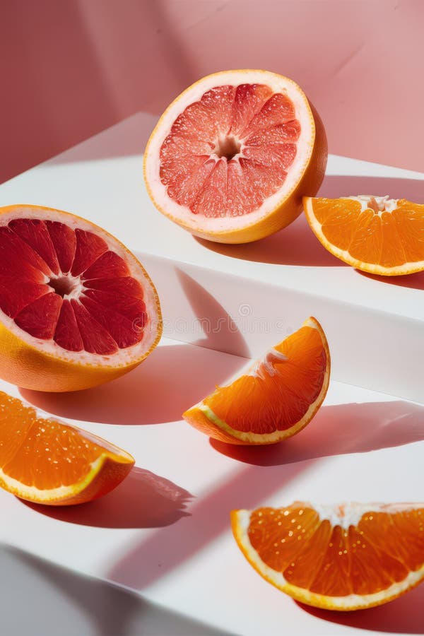 Fresh Sliced Oranges and Grapefruits on Pink and White Background Stock ...