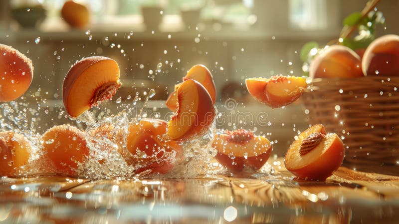Fresh Sliced Peaches in Water Splash. Stock Photo - Image of delicious ...