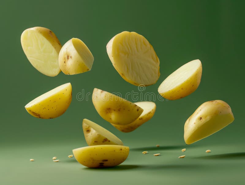 Fresh Sliced Potatoes In Mid Air On A Green Background With Dynamic Movement And Flying Pieces