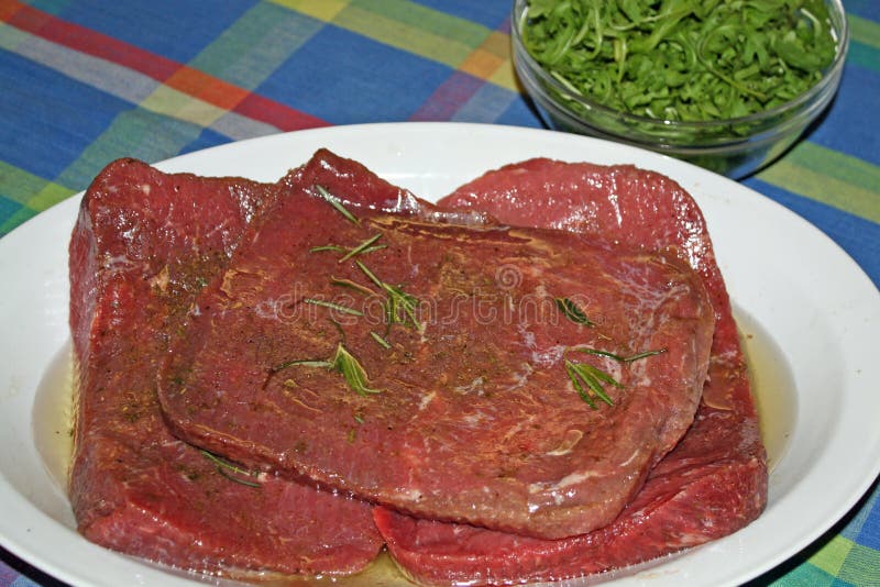 Fresh Sliced Red Ready To Be Cooked Beef Stock Photo - Image of arugula ...