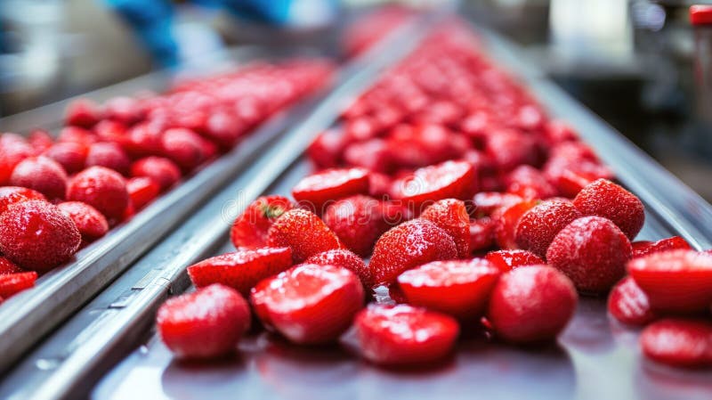 Fresh Sliced Strawberries on Factory Conveyor Belt for Processing Stock ...