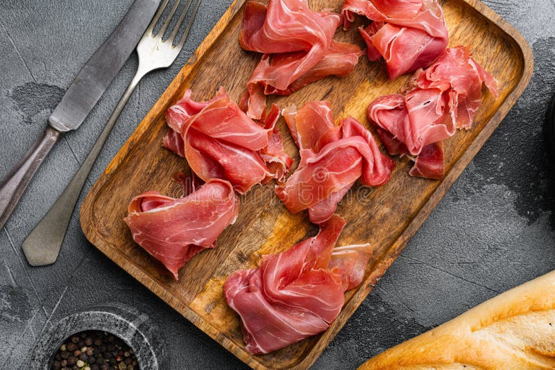 Fresh Slices Jamon Set, on Gray Stone Table Background, Top View Flat ...