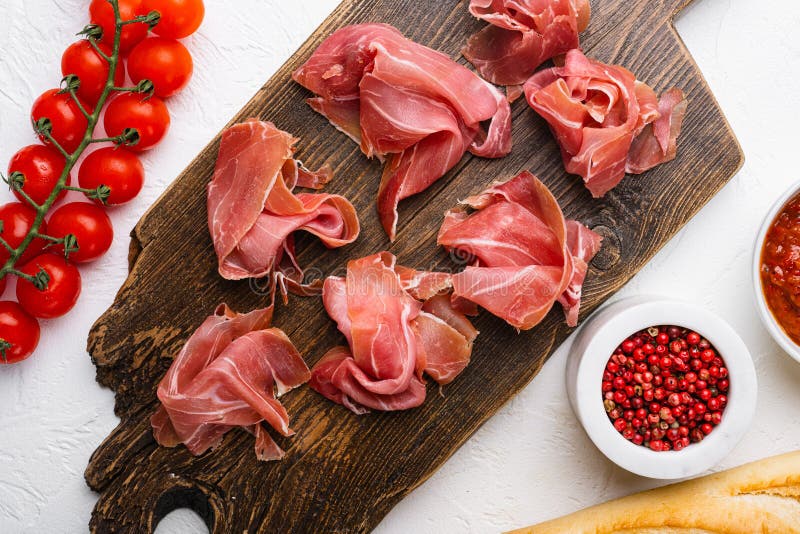 Fresh Slices Jamon Set, on White Stone Table Background, Top View Flat ...