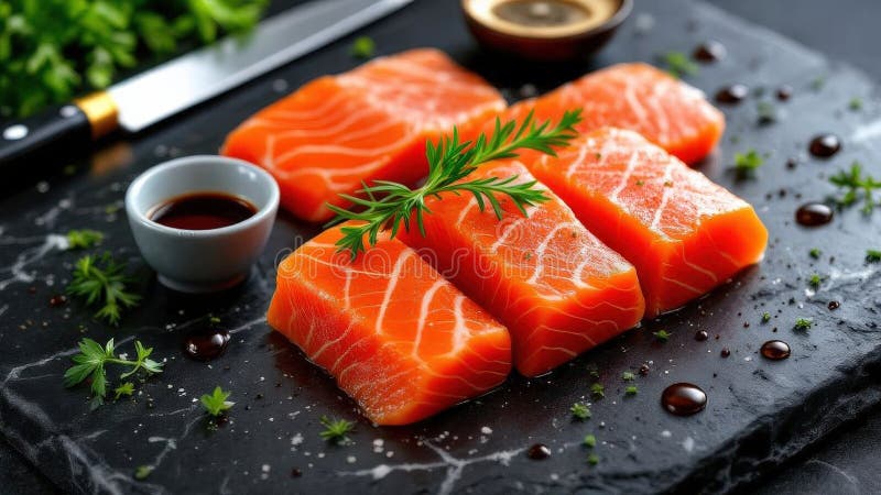 Fresh Slices of Salmon on Marble Surface Preparation Background ...