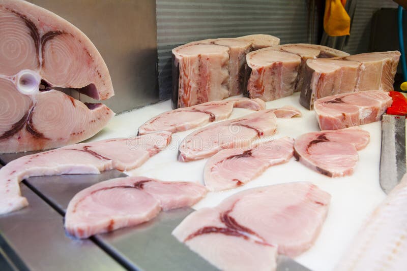 Fresh Slices of Tuna at the Fish Market Stock Photo - Image of fillet ...
