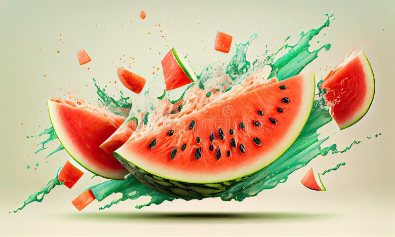 Fresh Slices of Watermelon Flying with Exploding Juice Splash ... Fresh Slices of Watermelon Flying with Exploding Juice Splash ...